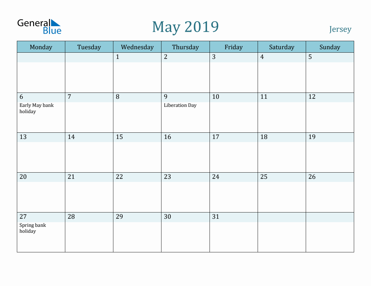 Jersey Holiday Calendar for May 2019