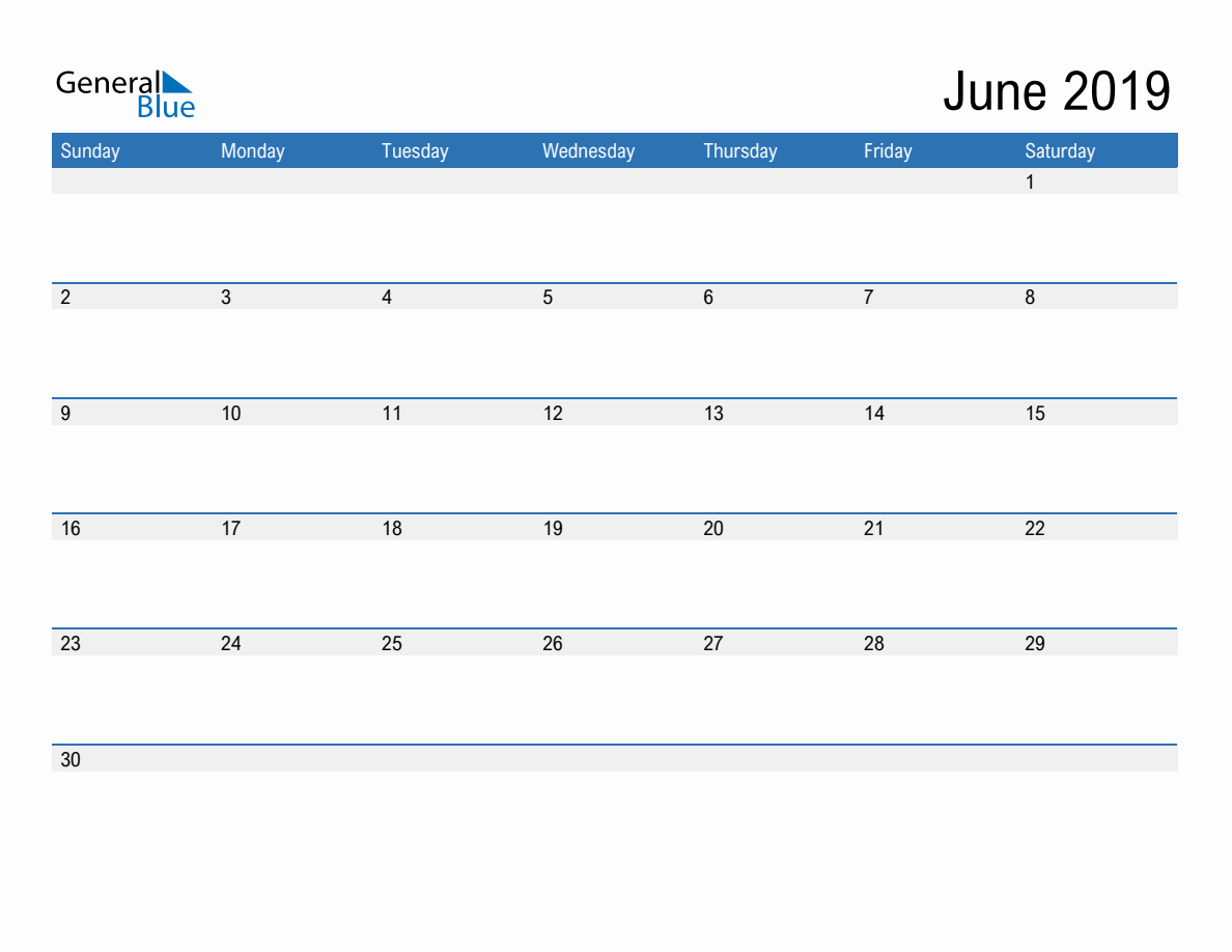 June 2019 Monthly Calendar (PDF, Word, Excel)