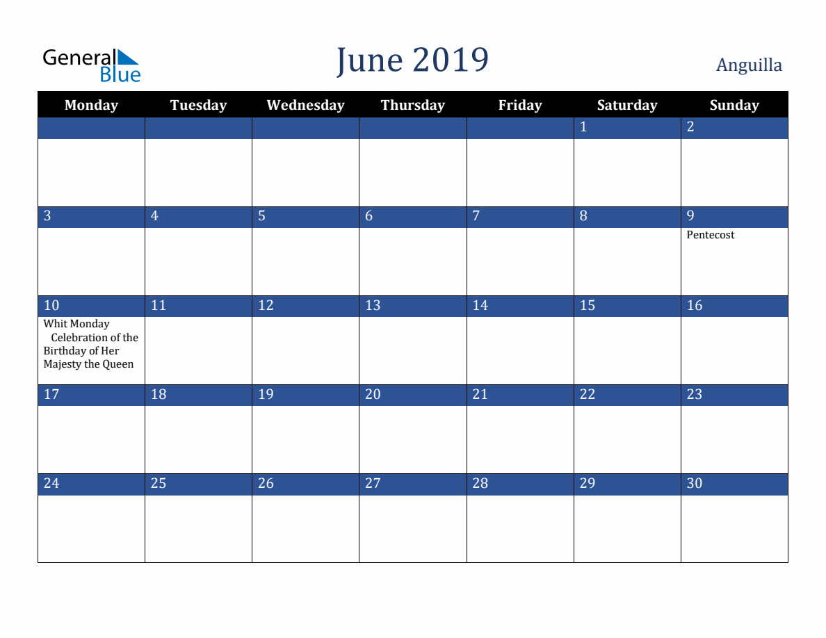 June 2019 Anguilla Holiday Calendar