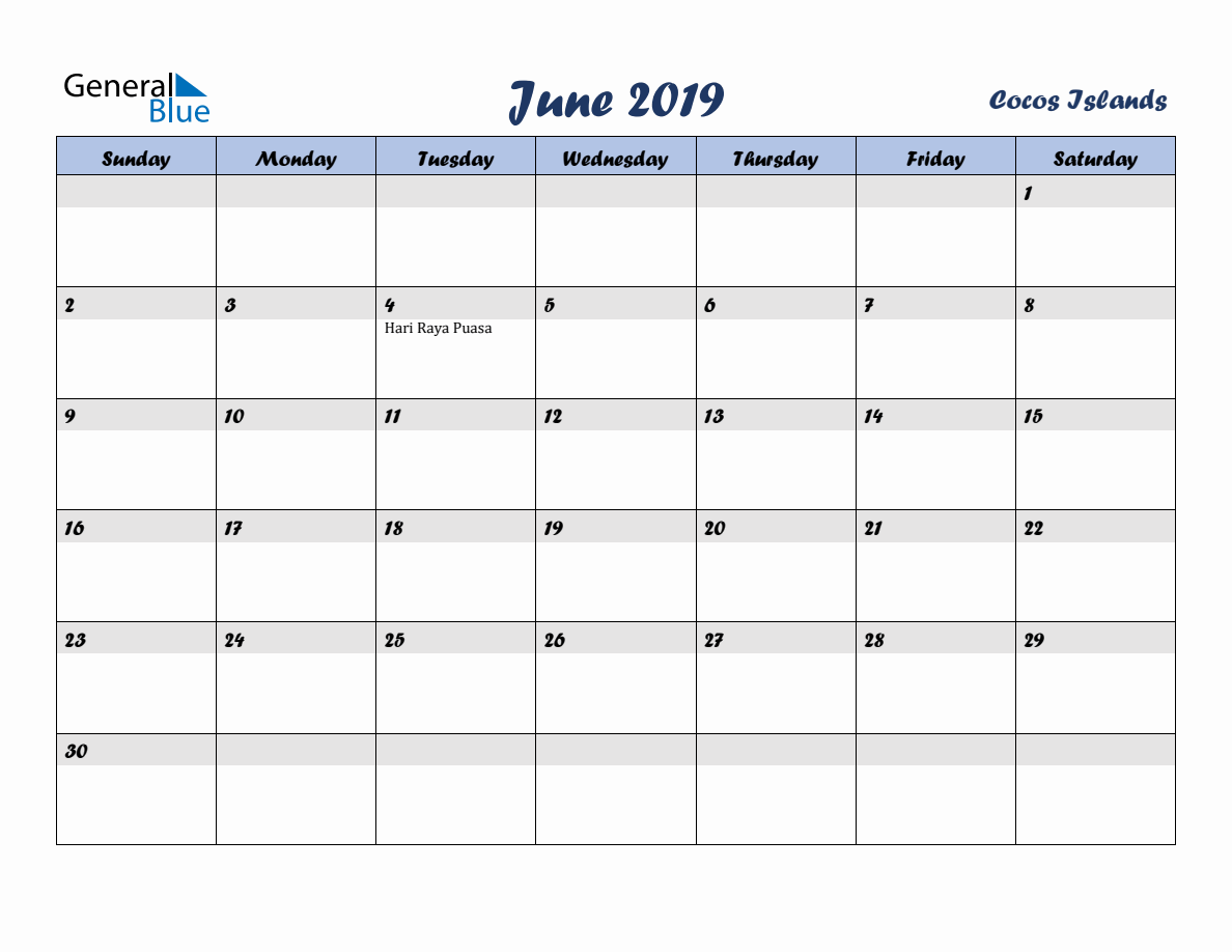 June 2019 Monthly Calendar Template with Holidays for Cocos Islands
