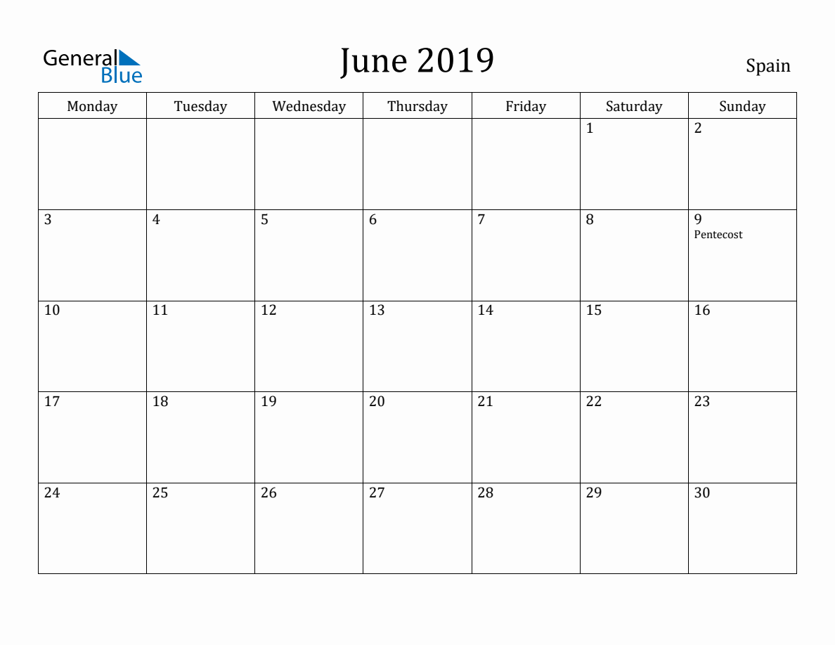 June 2019 Monthly Calendar with Spain Holidays (Monday Start)