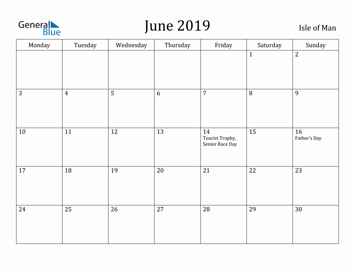 Isle of Man Monthly Calendar - June 2019 (Monday Start)