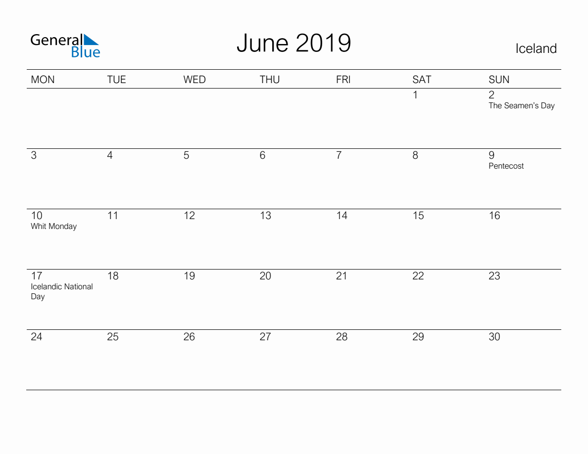 Printable June 2019 Monthly Calendar with Holidays for Iceland (Monday ...