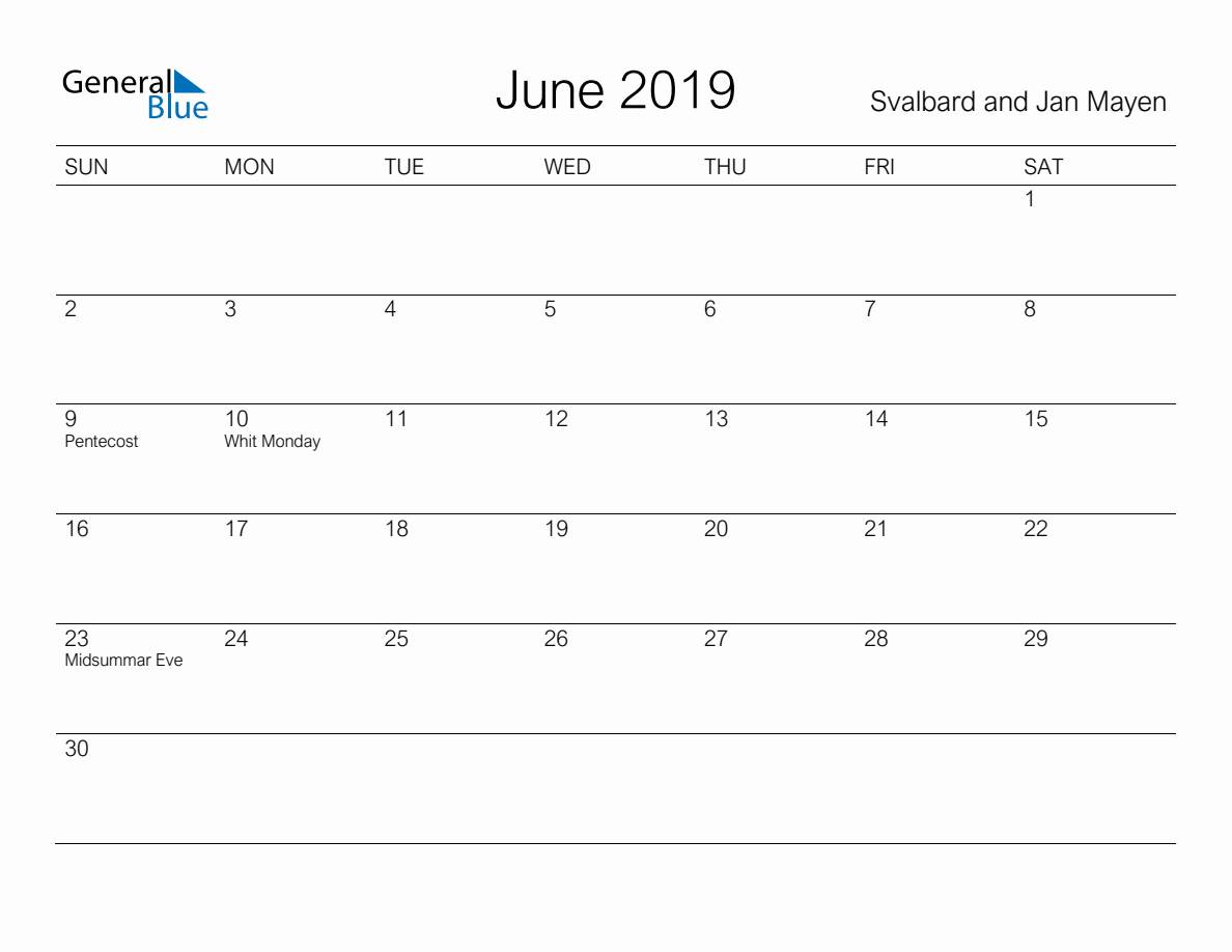 Printable June 2019 Monthly Calendar with Holidays for Svalbard and Jan ...