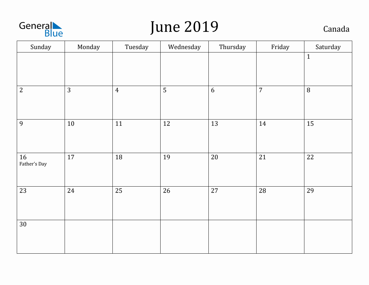 June 2019 Monthly Calendar with Canada Holidays