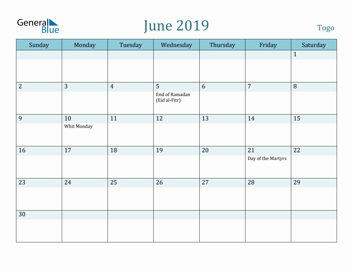 Togo Holiday Calendar for June 2019