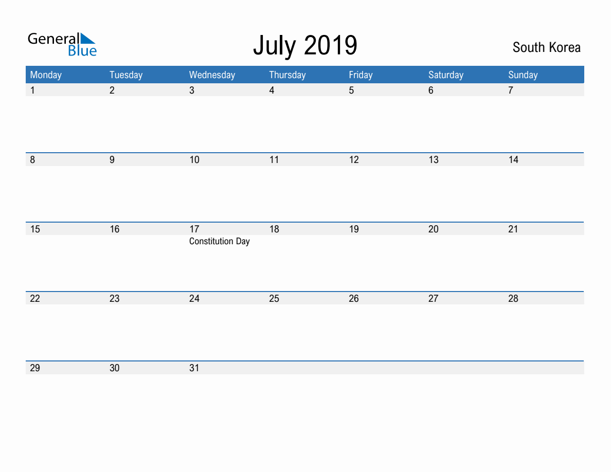 Editable July 2019 Calendar with South Korea Holidays