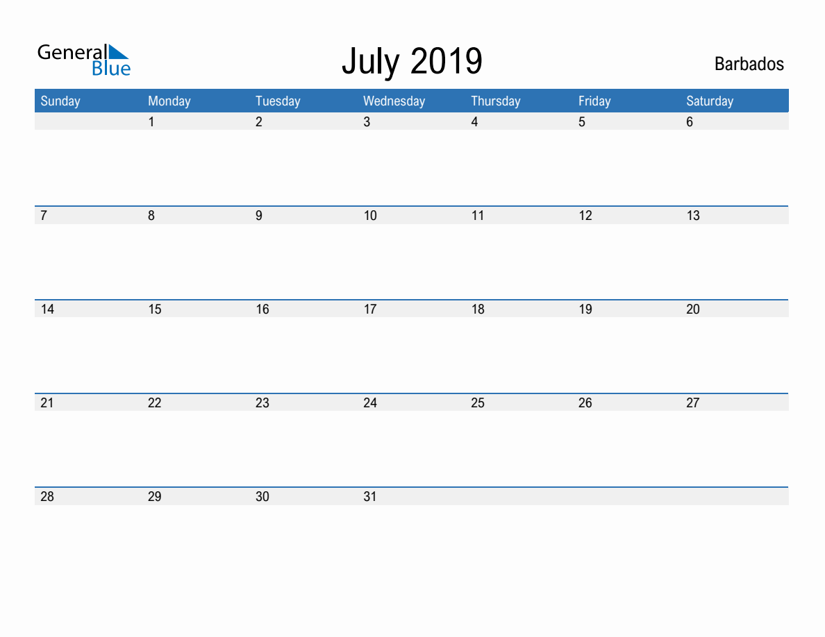 July 2019 Monthly Calendars with Barbados Holidays