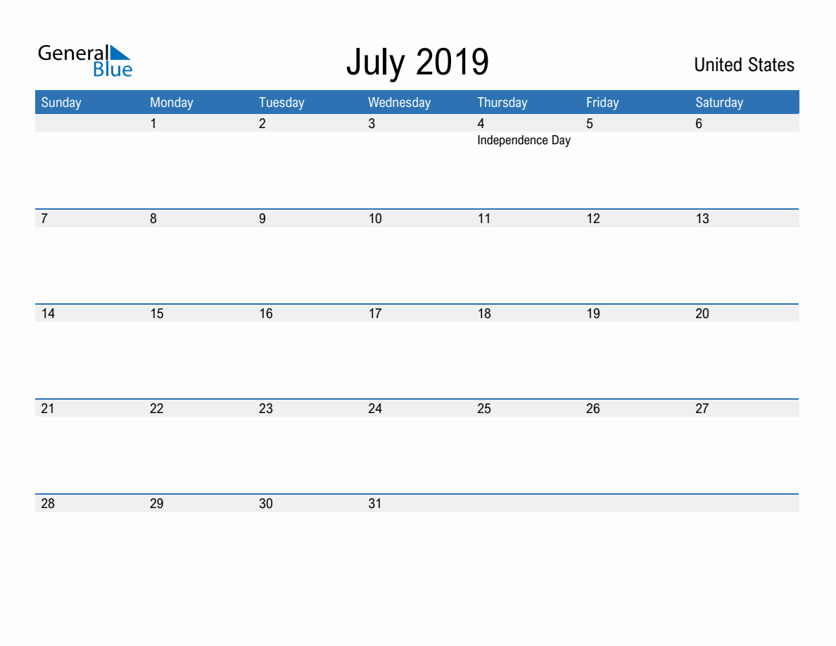 July 2019 Monthly Calendars with United States Holidays