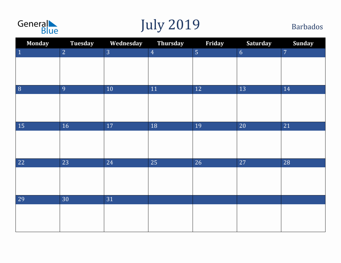 July 2019 Barbados Holiday Calendar