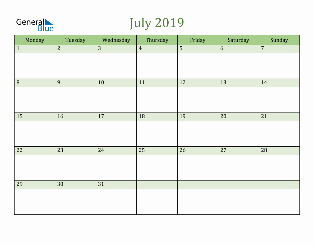 Fillable July 2019 Calendar