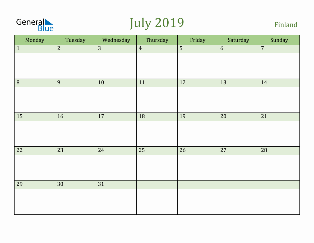 Fillable Holiday Calendar for Finland - July 2019 (Monday Start)