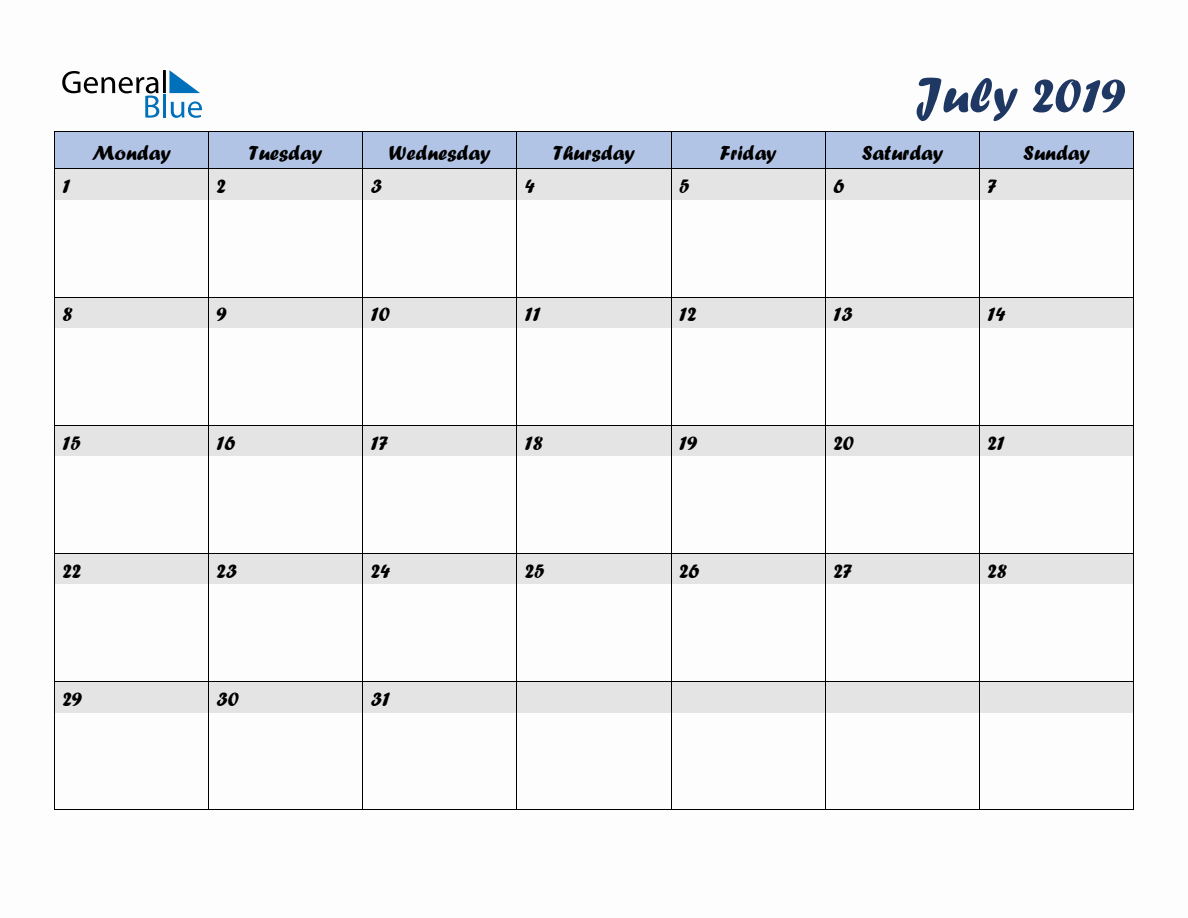 Free July 2019 Monthly Editable Calendar, starting on Monday