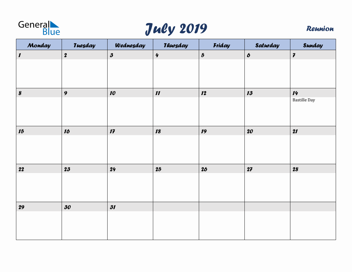 July 2019 Monthly Calendar Template with Holidays for Reunion (Monday ...