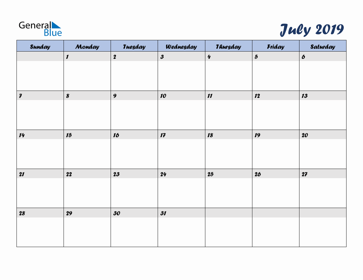 Free July 2019 Monthly Editable Calendar, starting on Sunday