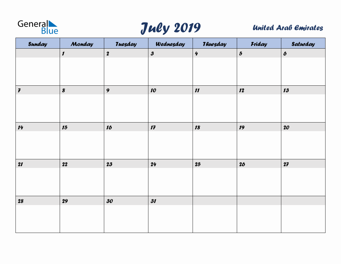 July 2019 Monthly Calendar Template with Holidays for United Arab Emirates