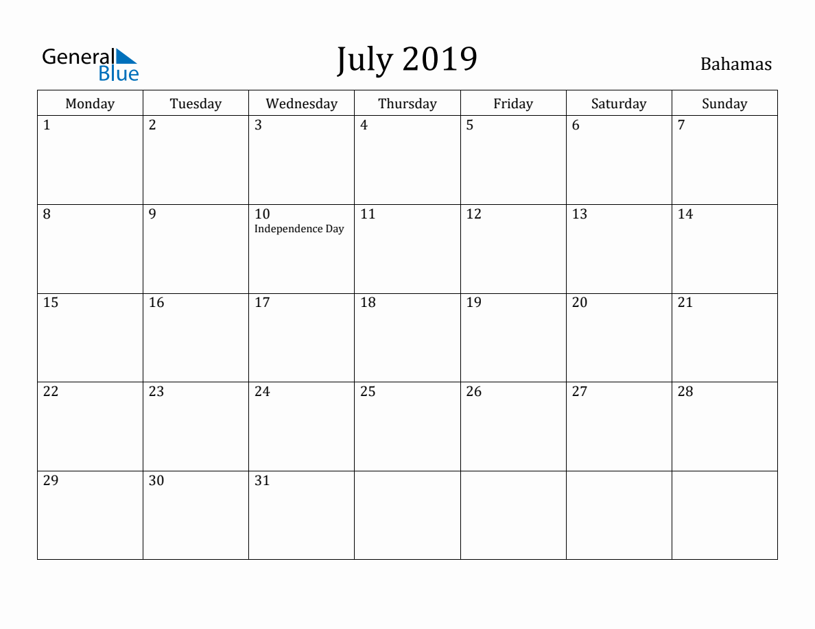 Bahamas Monthly Calendar - July 2019 (Monday Start)