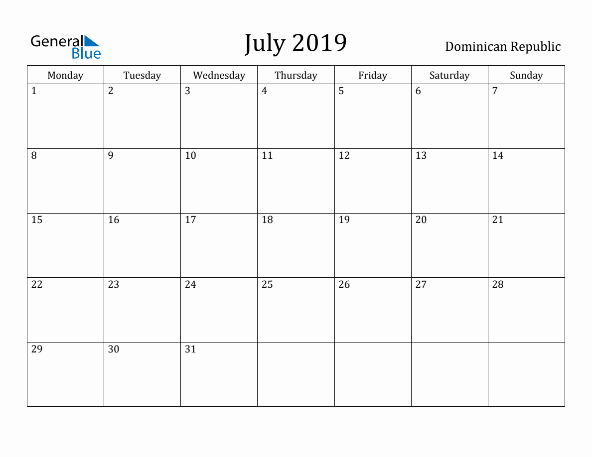 Dominican Republic Monthly Calendar - July 2019 (Monday Start)