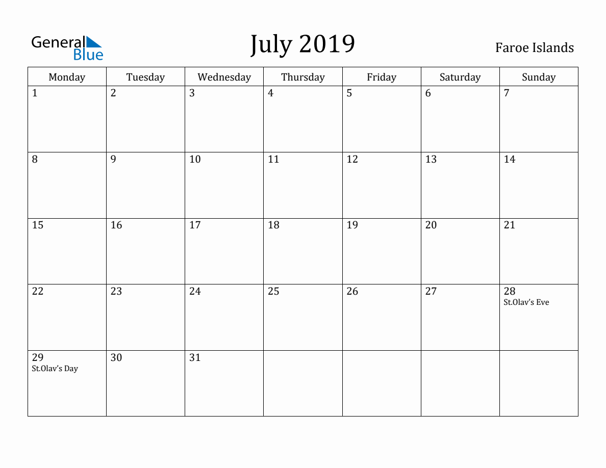 July 2019 Monthly Calendar with Faroe Islands Holidays (Monday Start)