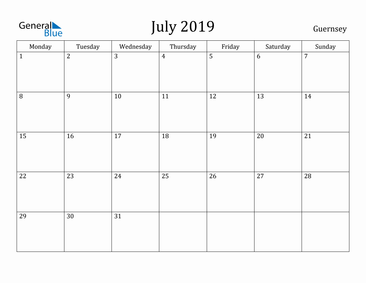 July 2019 Monthly Calendar with Guernsey Holidays (Monday Start)
