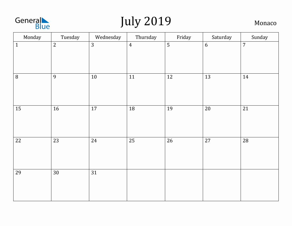 Monaco Monthly Calendar - July 2019 (Monday Start)
