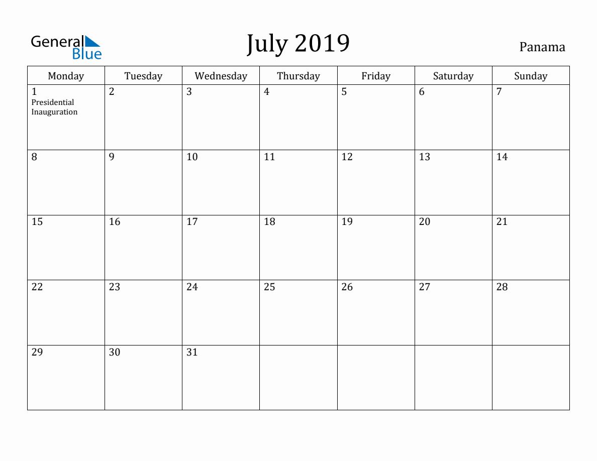 Panama Monthly Calendar - July 2019 (Monday Start)
