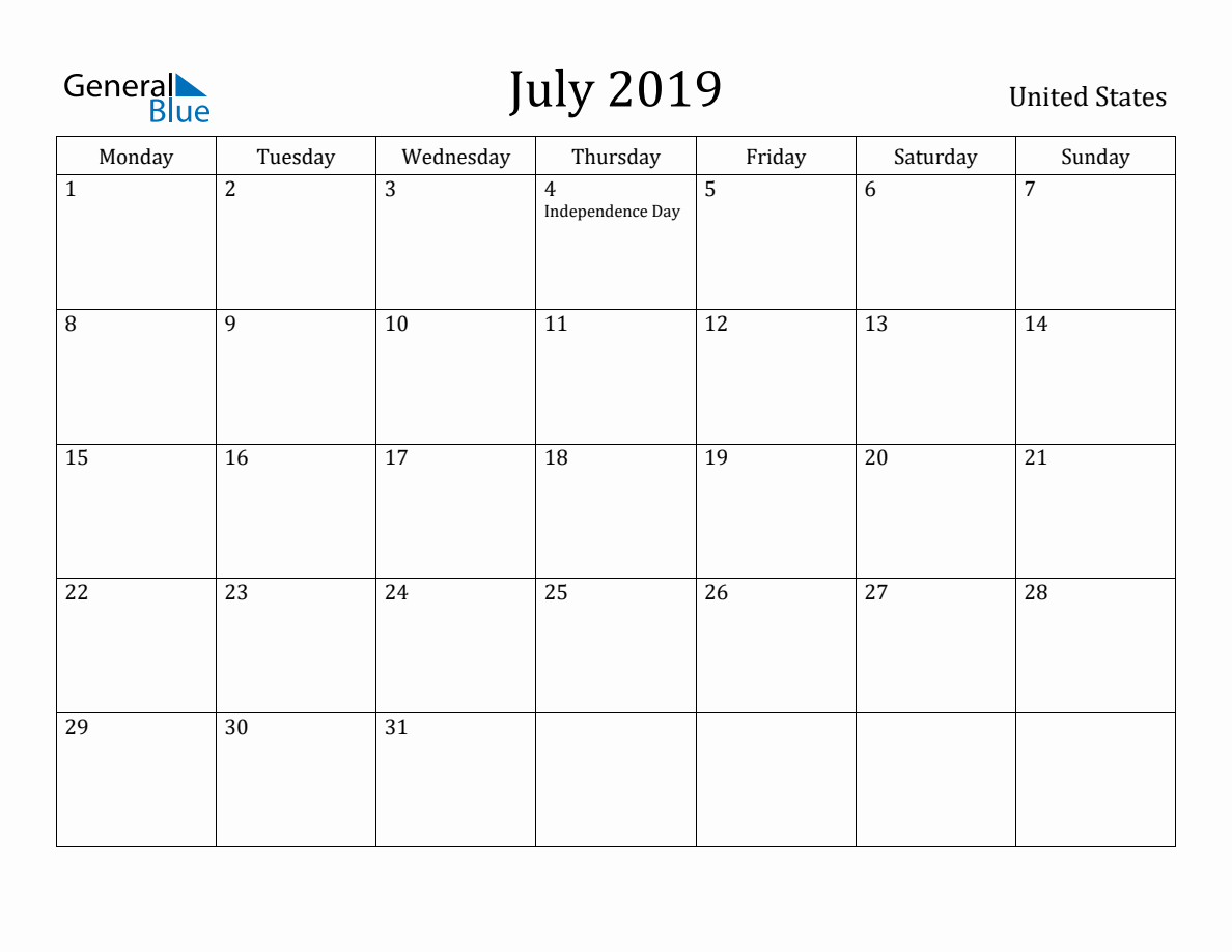 United States Monthly Calendar - July 2019 (Monday Start)