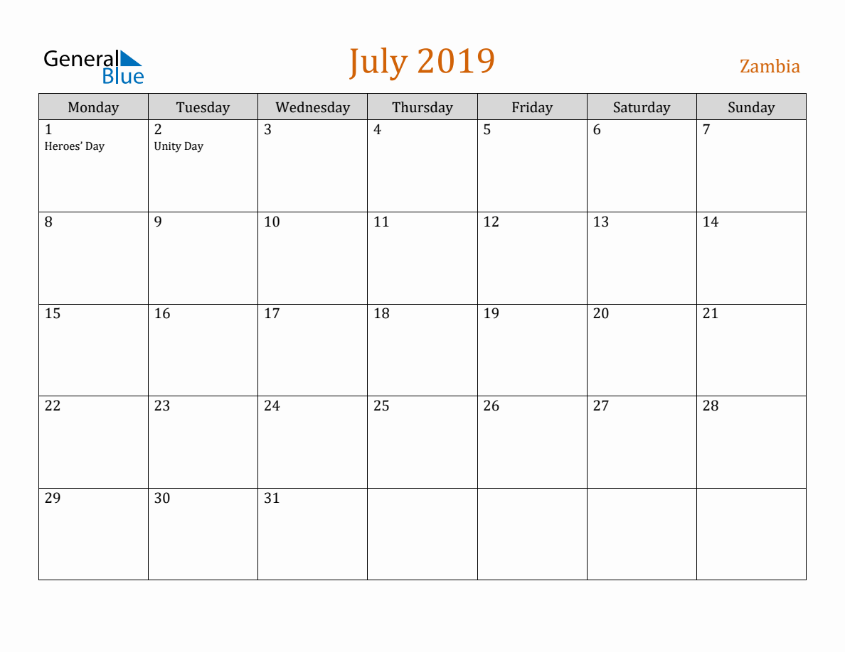 Free July 2019 Zambia Calendar (Monday Start)