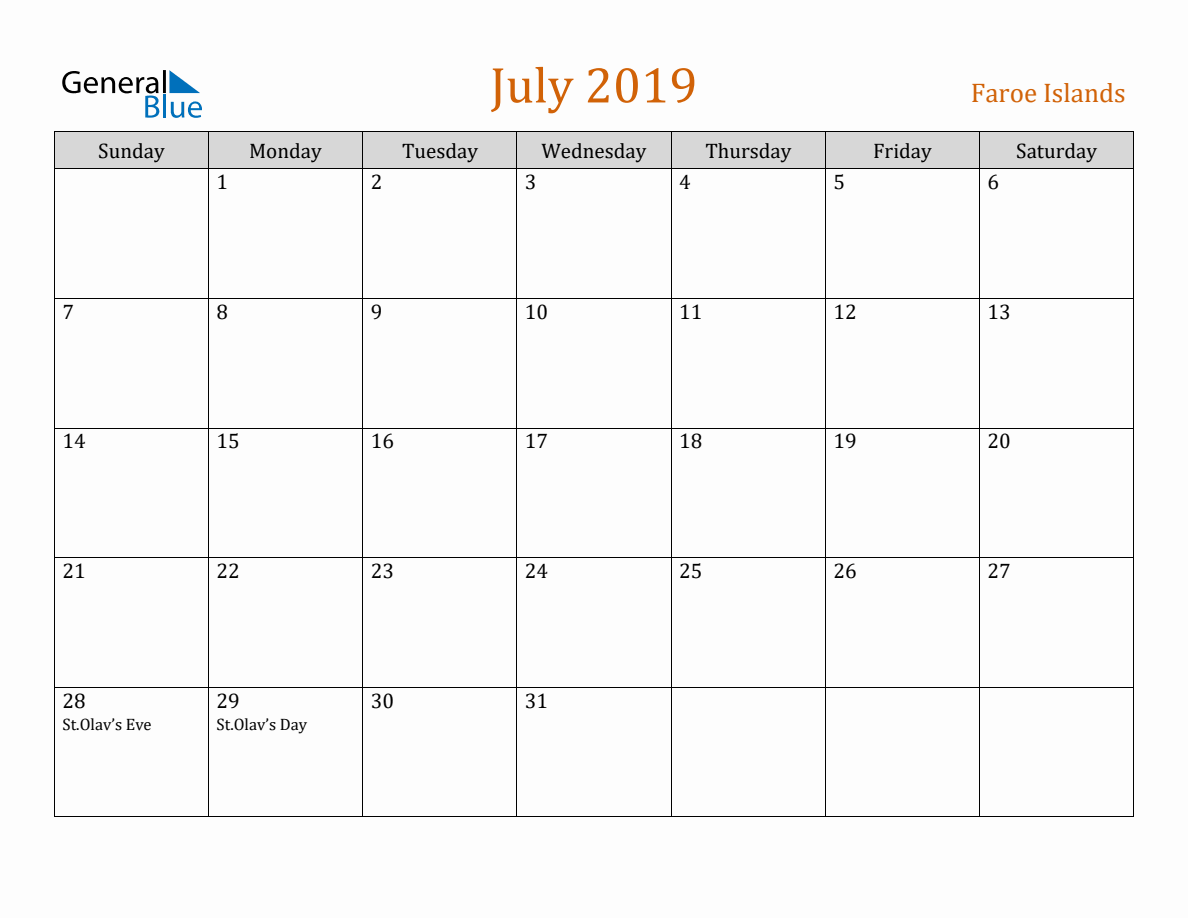 Free July 2019 Faroe Islands Calendar