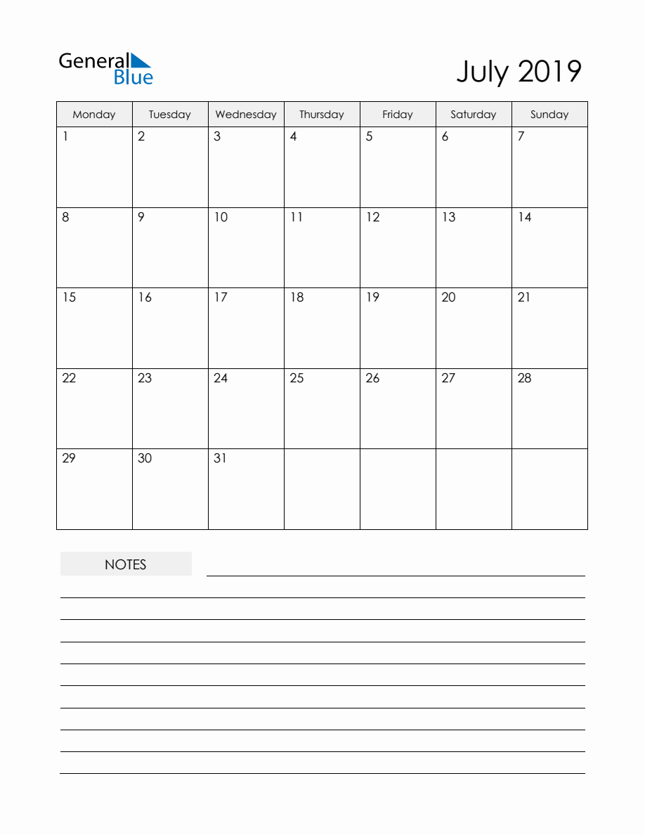 July 2019 Monthly Planner Calendar