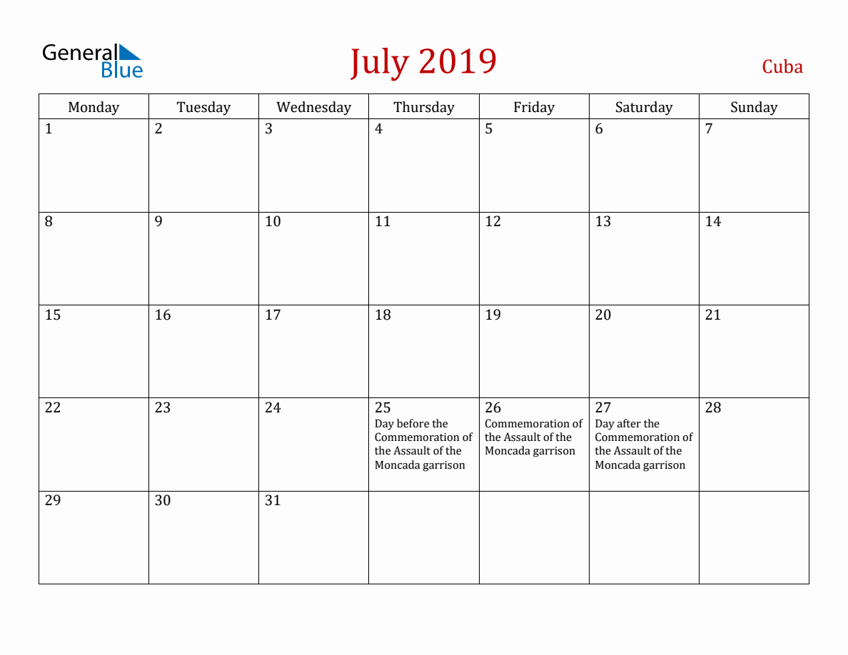 July 2019 Cuba Monthly Calendar with Holidays (Monday Start)