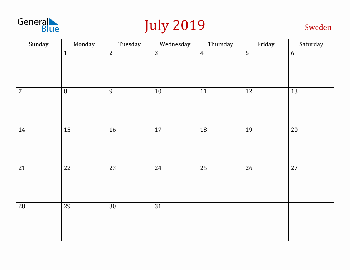 July 2019 Sweden Monthly Calendar with Holidays