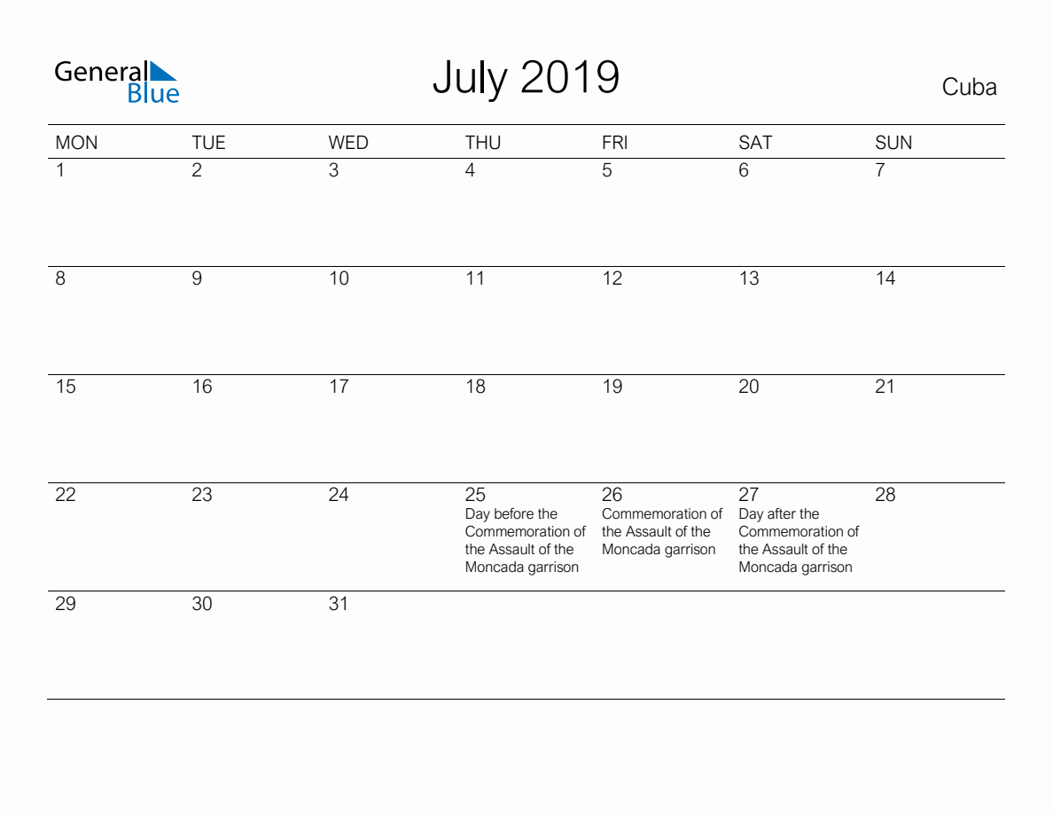 Printable July 2019 Monthly Calendar with Holidays for Cuba