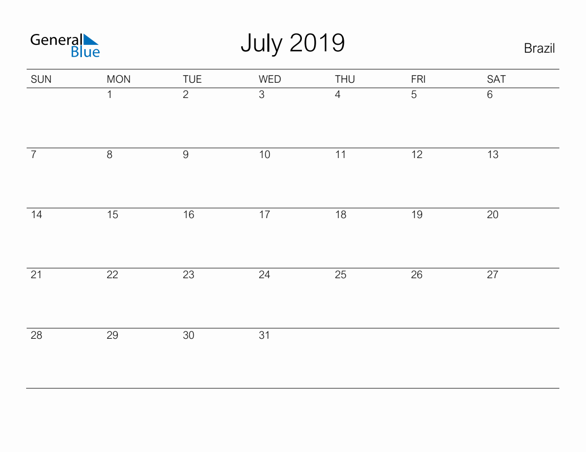 Printable July 2019 Monthly Calendar with Holidays for Brazil