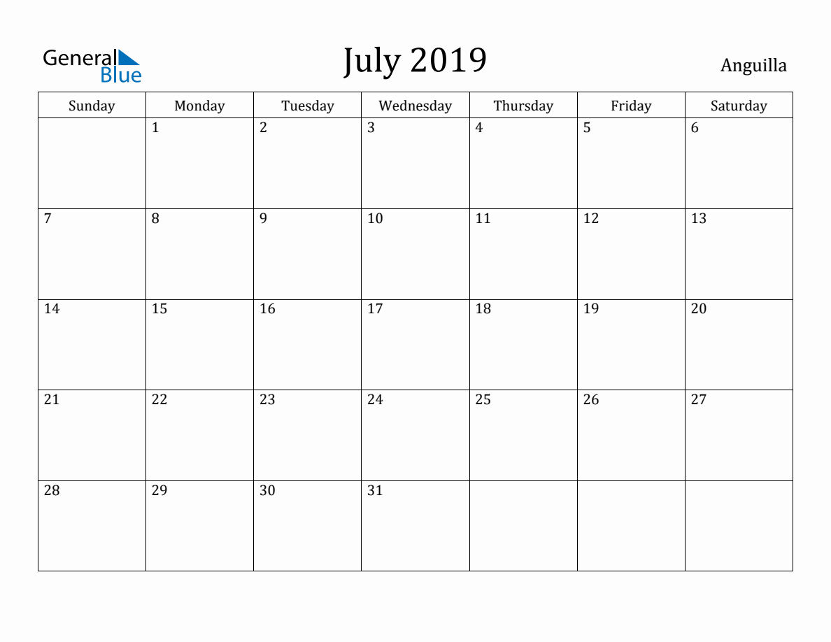 July 2019 Monthly Calendar with Anguilla Holidays