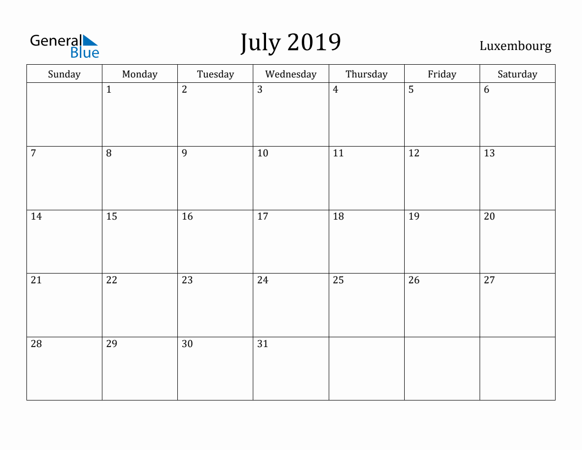 July 2019 Monthly Calendar with Luxembourg Holidays