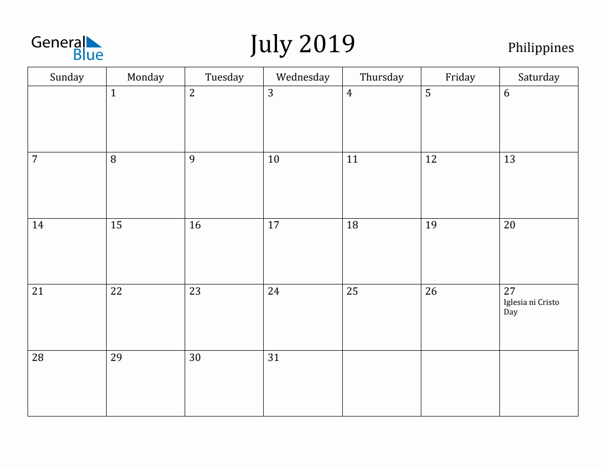 July 2019 Monthly Calendar with Philippines Holidays
