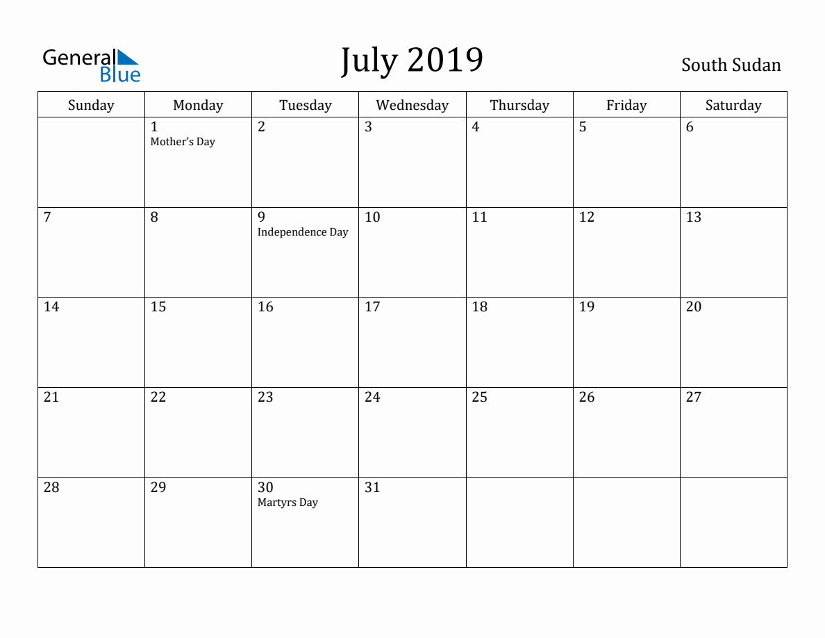 July 2019 Monthly Calendar with South Sudan Holidays