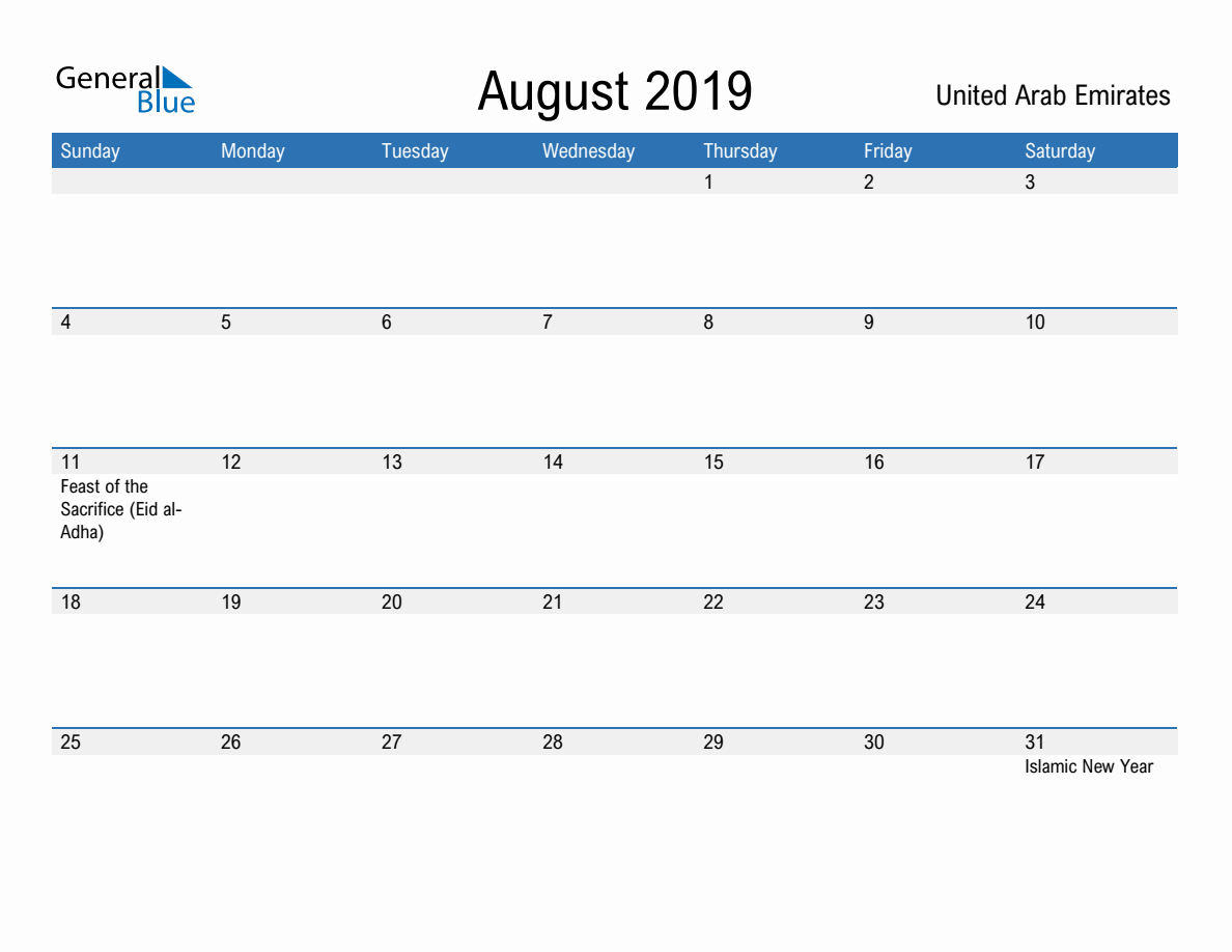 Editable August 2019 Calendar with United Arab Emirates Holidays