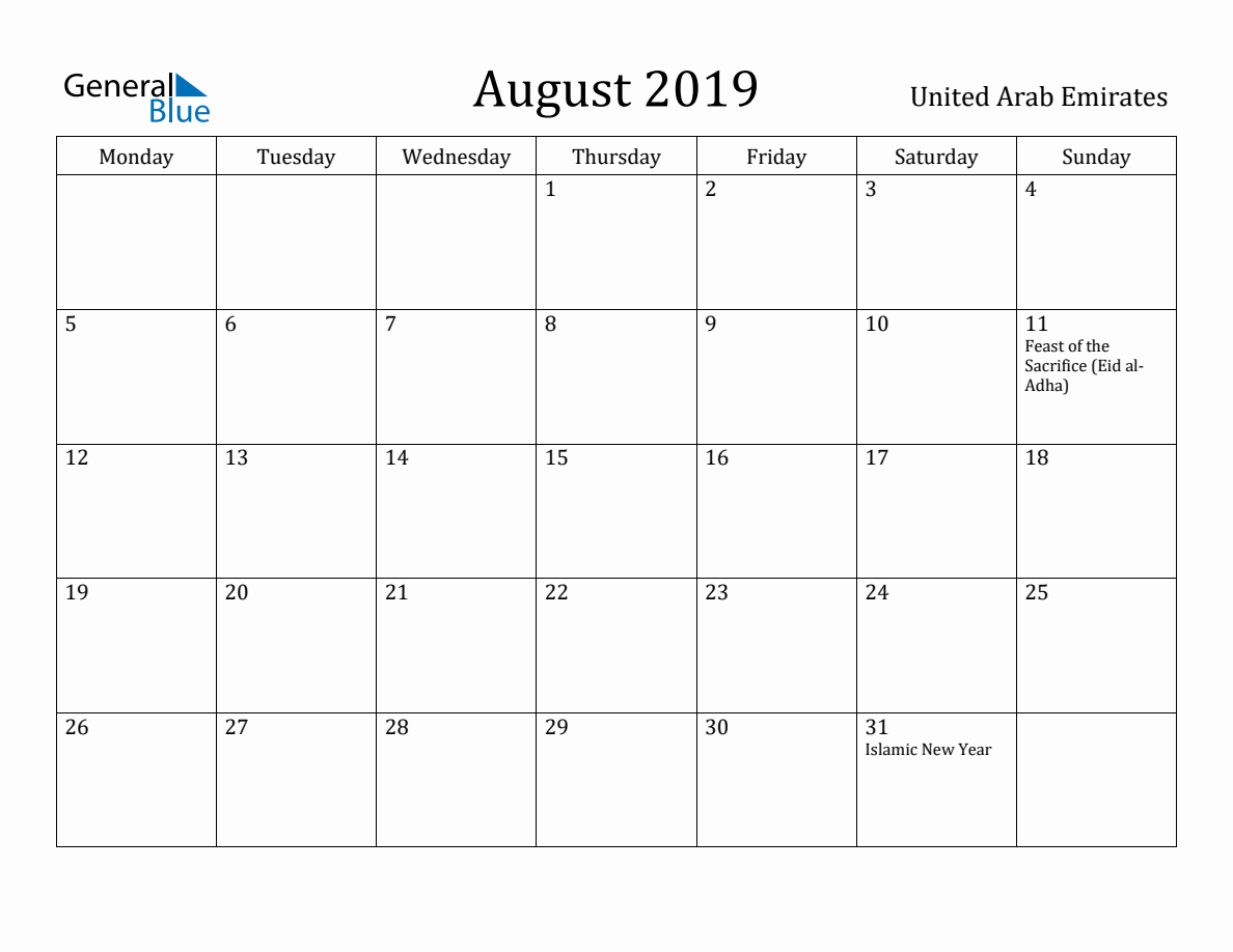 United Arab Emirates Monthly Calendar - August 2019 (Monday Start)