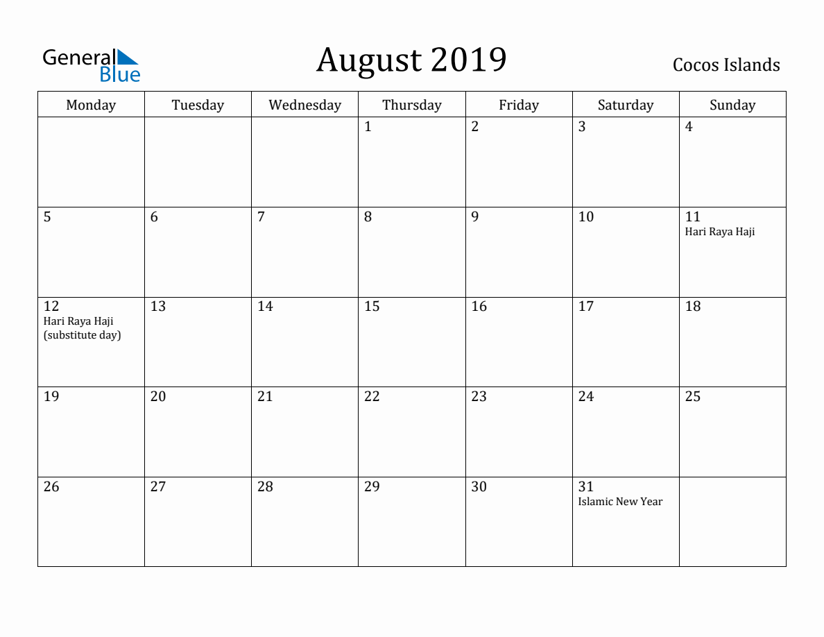 Cocos Islands Monthly Calendar - August 2019 (Monday Start)