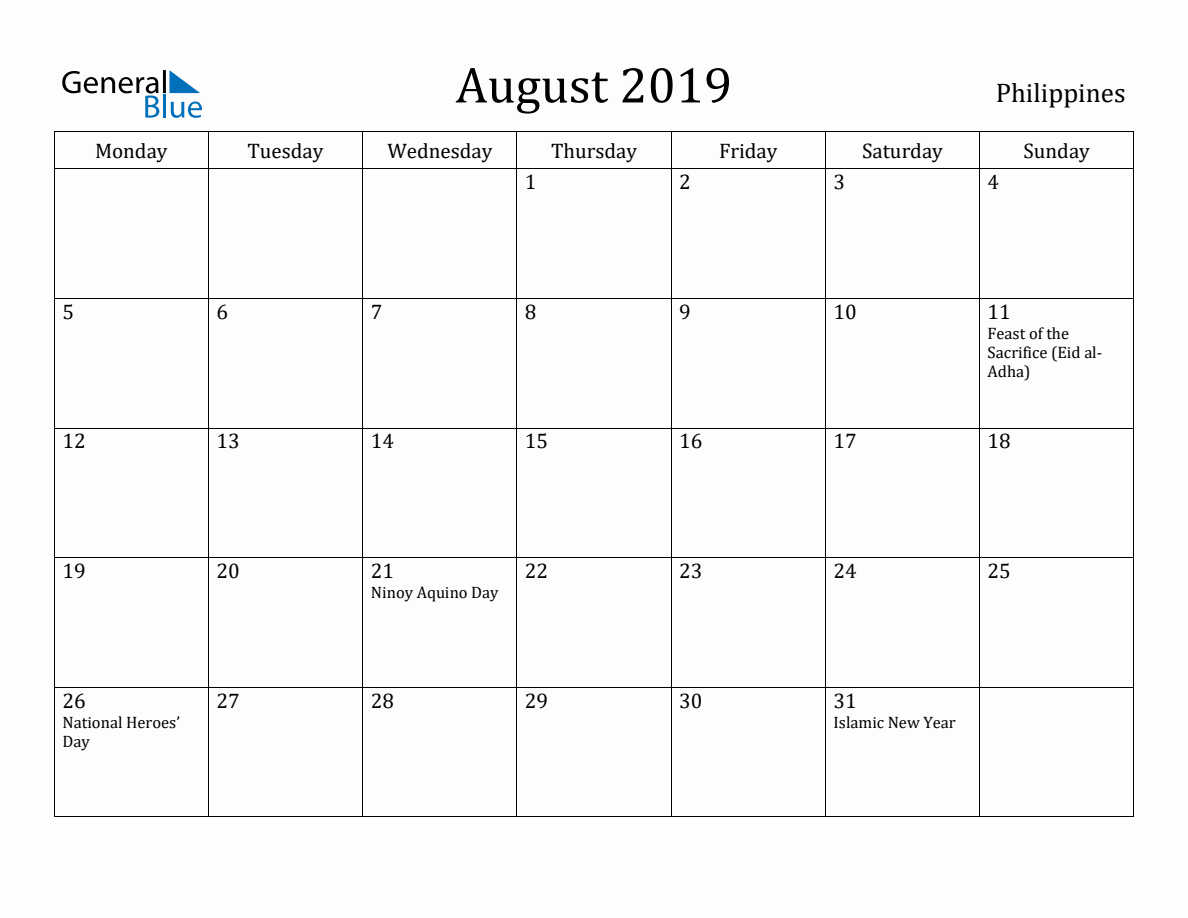 Philippines Monthly Calendar - August 2019 (Monday Start)