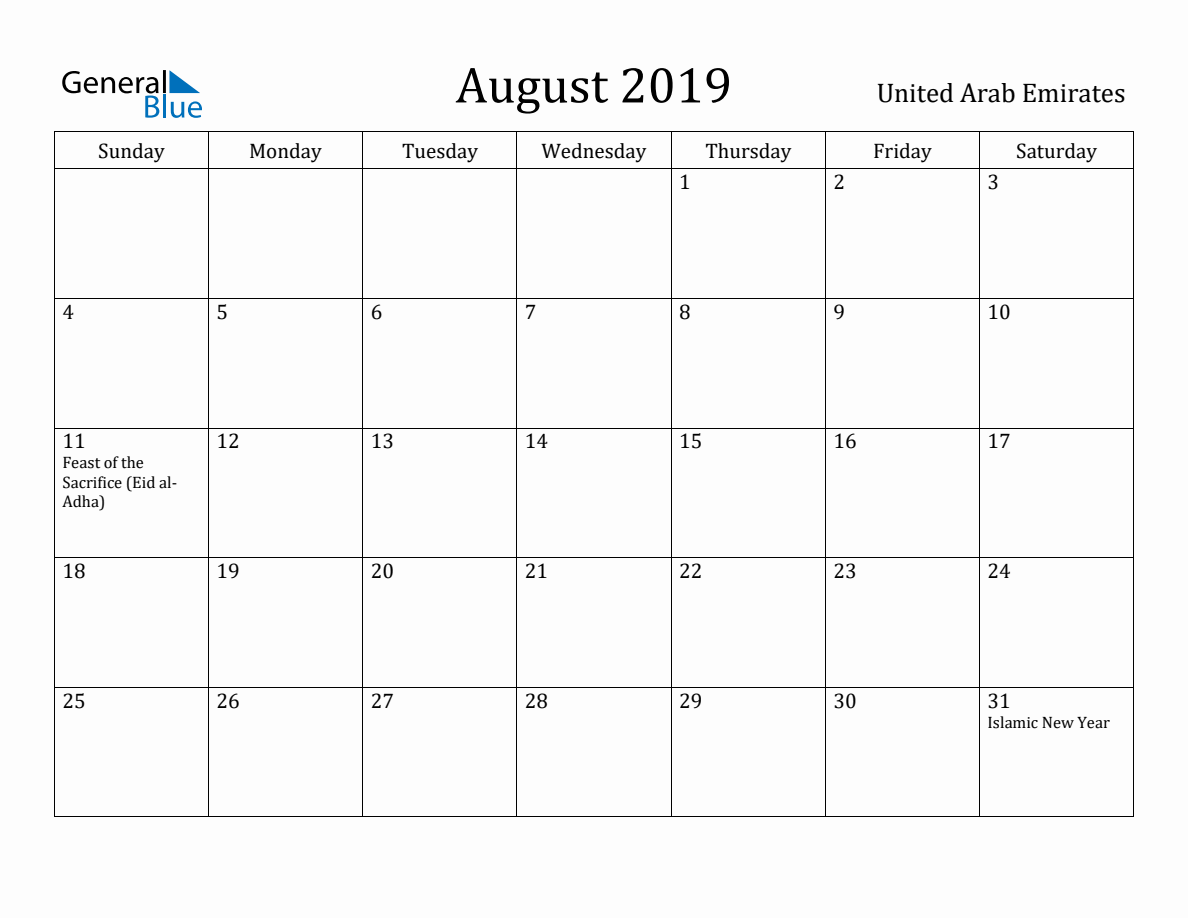 August 2019 Monthly Calendar with United Arab Emirates Holidays