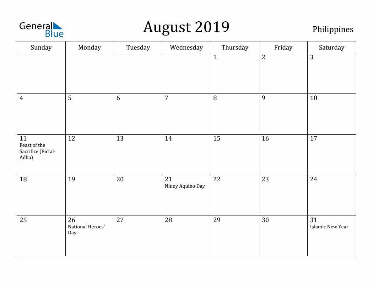 August 2019 Monthly Calendar with Philippines Holidays