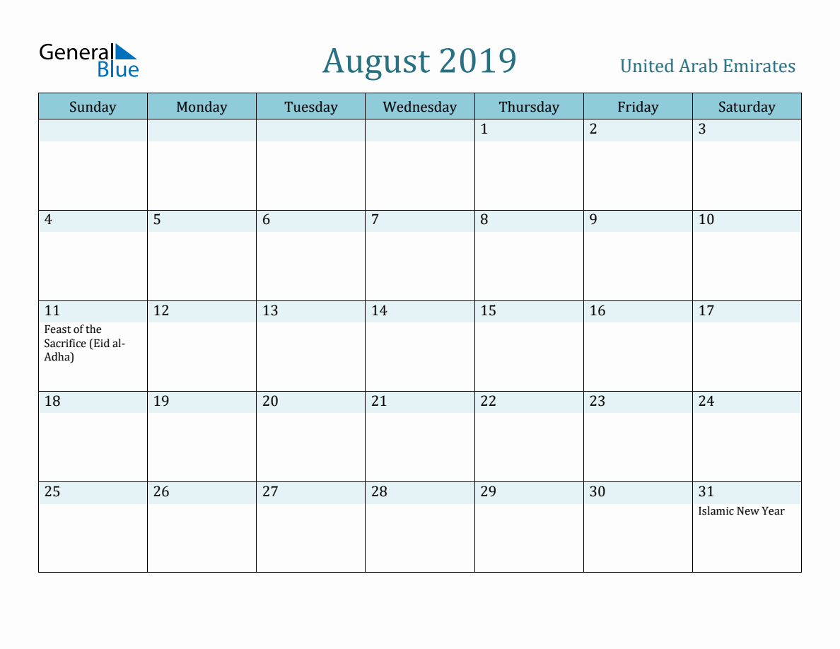 United Arab Emirates Holiday Calendar for August 2019
