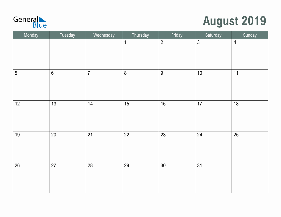 Blank August 2019 Monthly Calendar Template - Monday Start