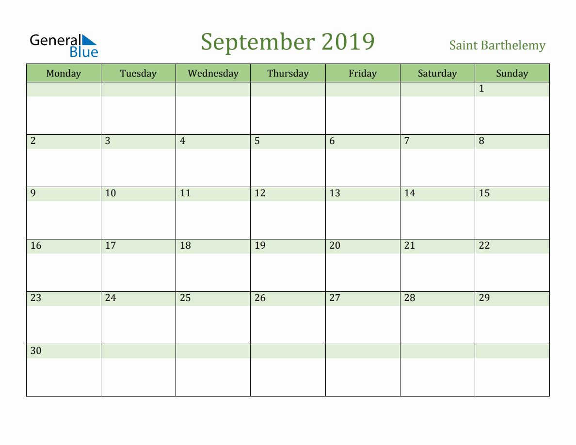 Fillable Holiday Calendar for Saint Barthelemy - September 2019 (Monday ...