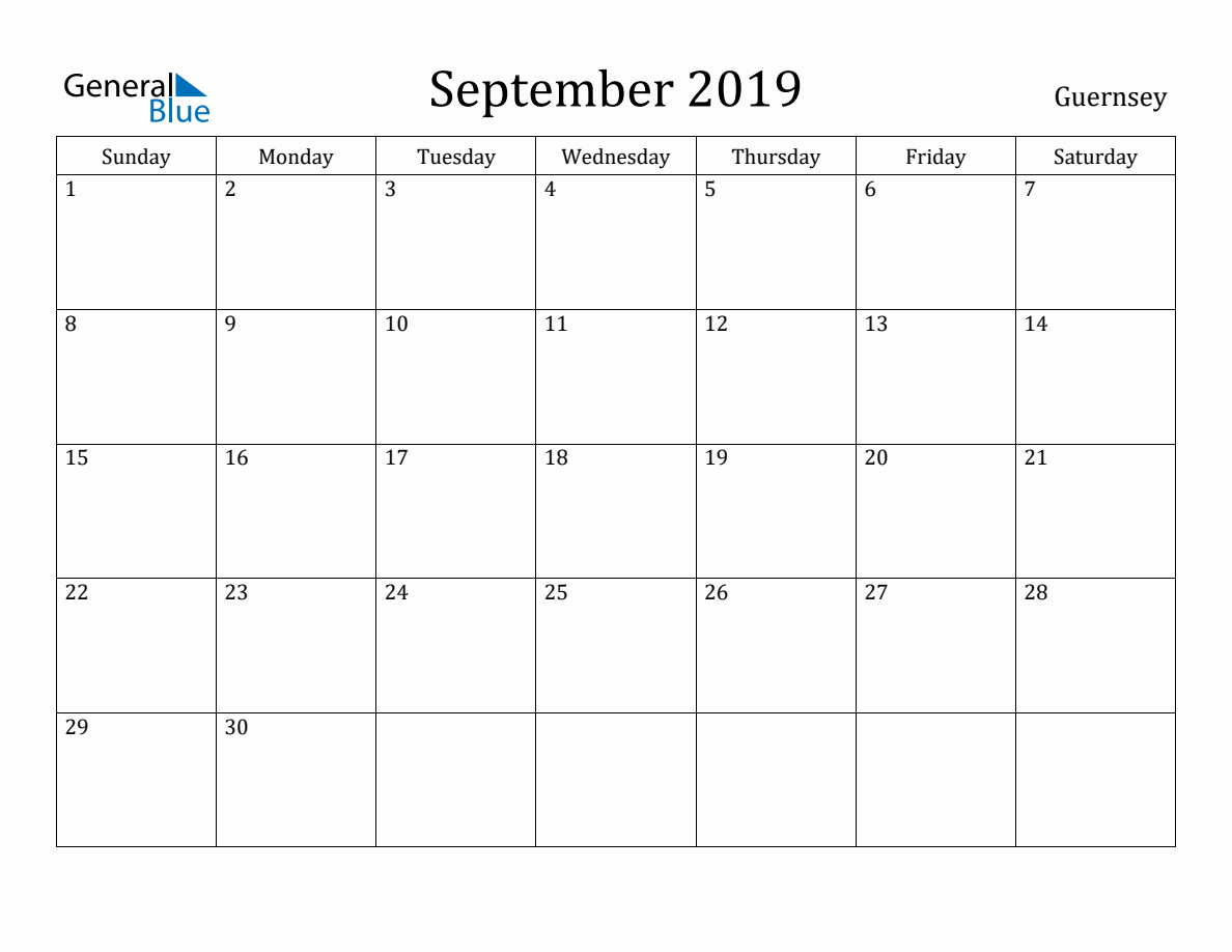 September 2019 Monthly Calendar with Guernsey Holidays