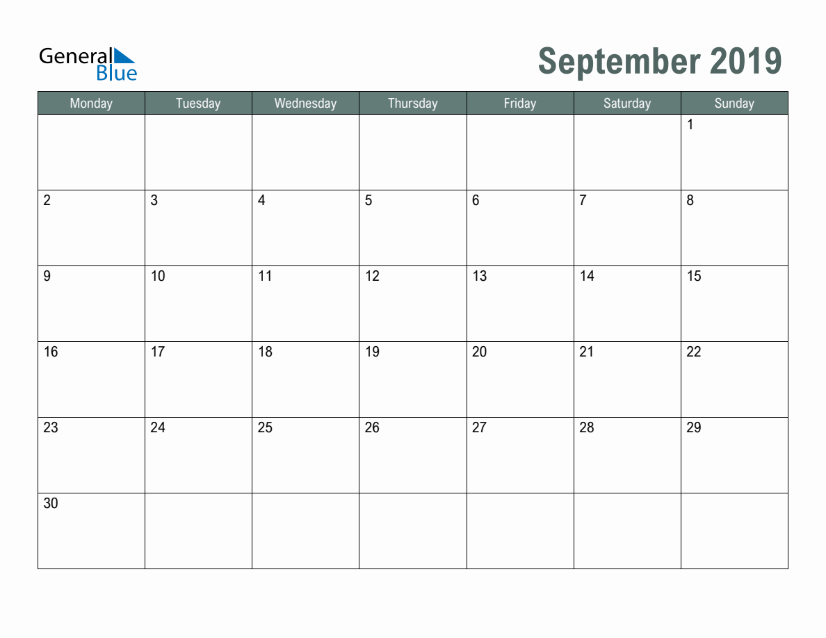 Blank September 2019 Monthly Calendar Template - Monday Start