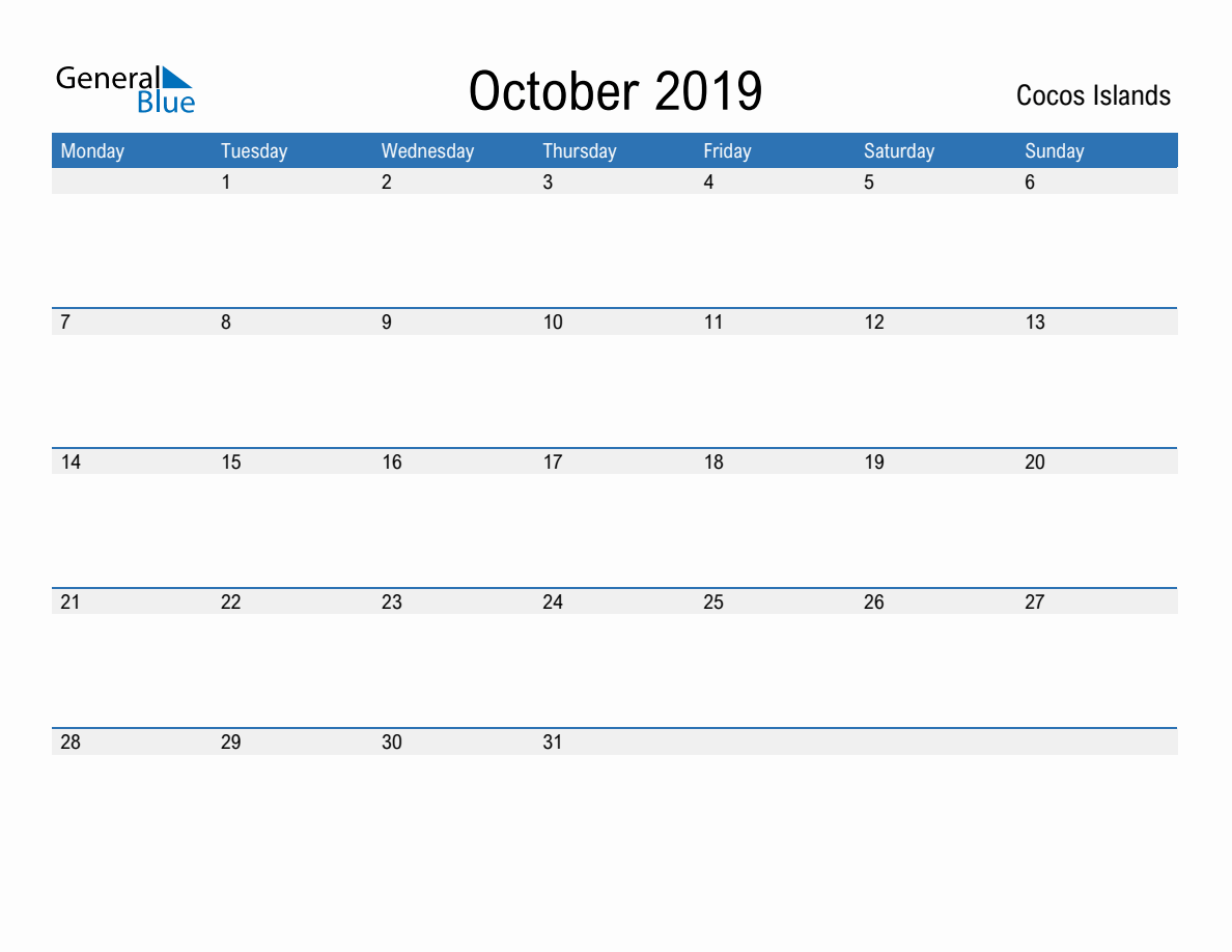 Editable October 2019 Calendar with Cocos Islands Holidays